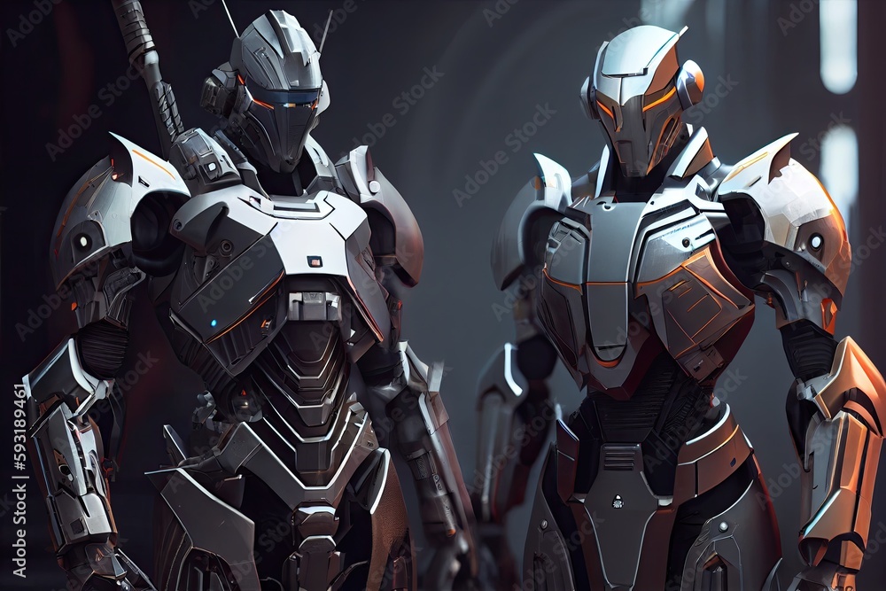 two robots, one with sleek and sophisticated design, the other with futuristic weaponry and ...