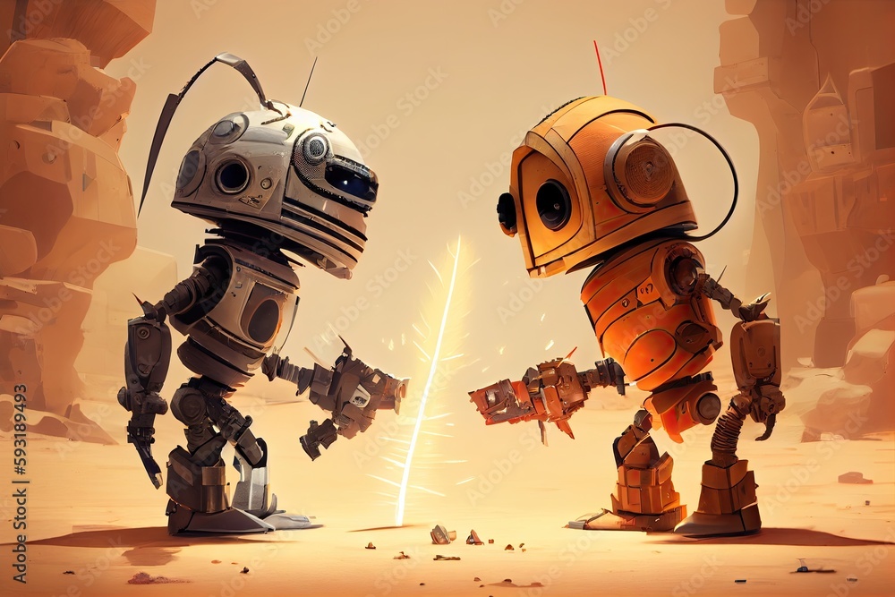 two robots, one with a friendly and warm exterior and the other sleek ...