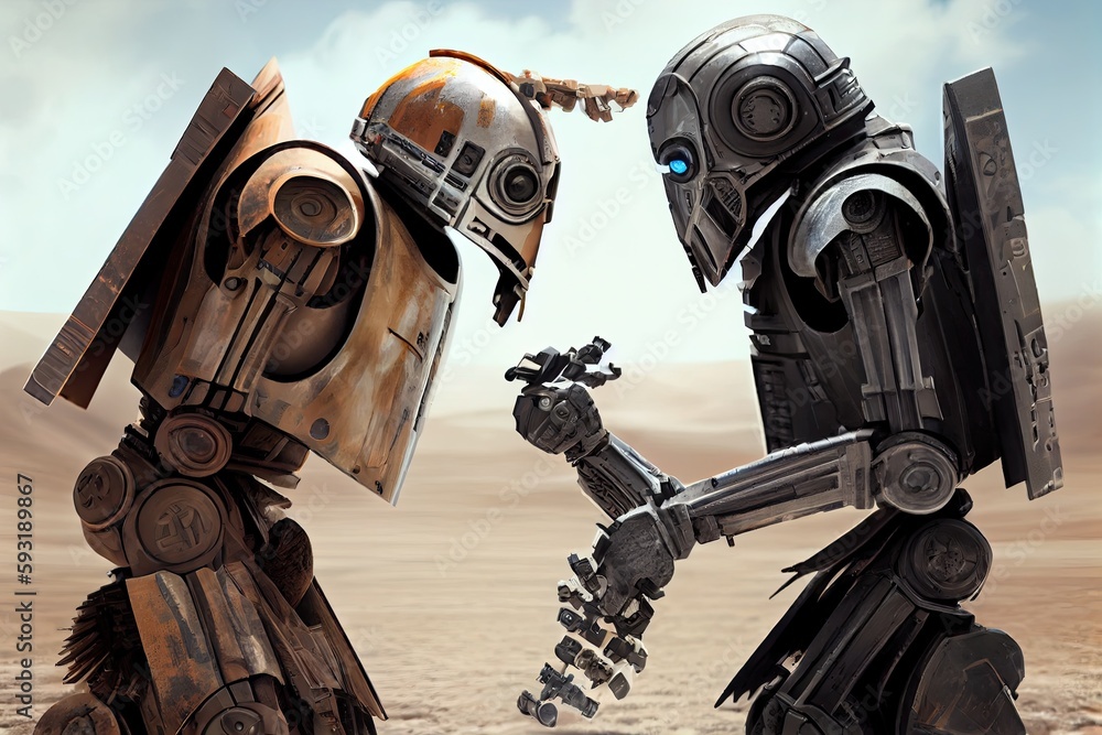 two robots, one holding the key to world peace, stand face-to-face in ...