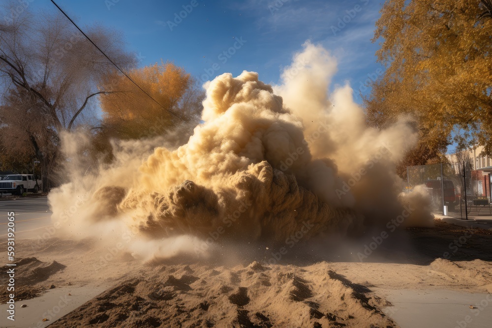 sand explosion by underground gas leak, with flames and smoke rising ...