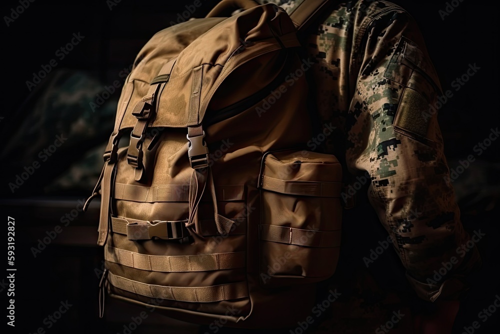 military backpack in the hands of a soldier, who is ready to go into ...