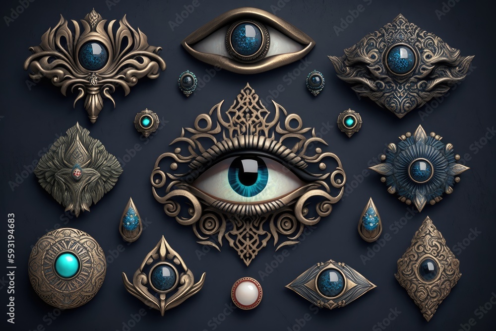 collection of evil eyes in various forms, including stone sculptures ...