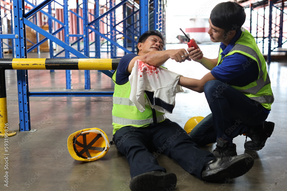 Middle aged warehouse asian worker man had elbow accident sitting on ...