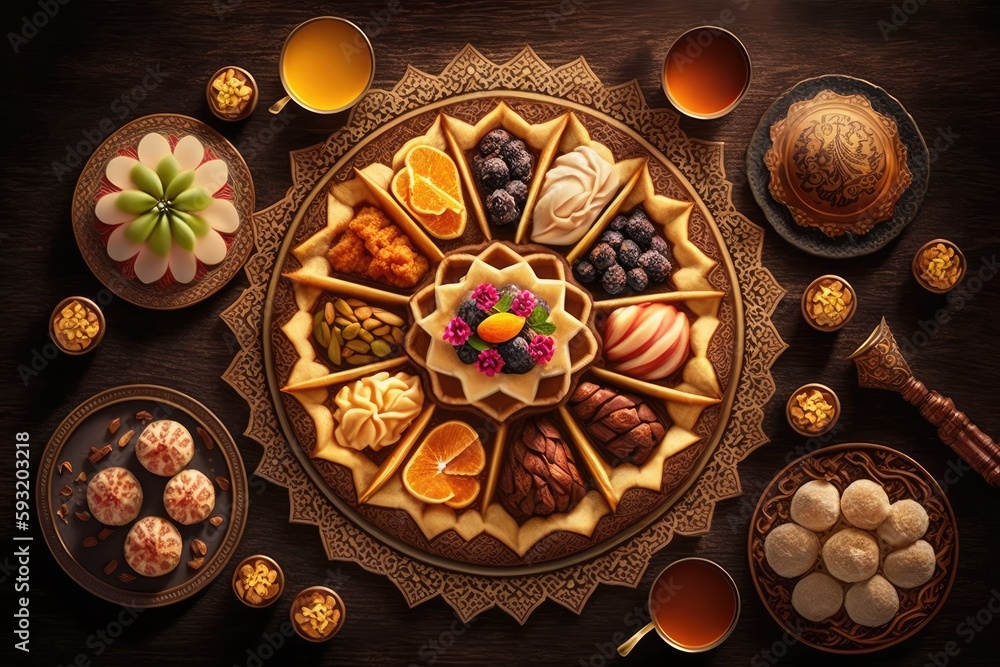 Iftar party table during Ramadan with a variety of celebratory ...