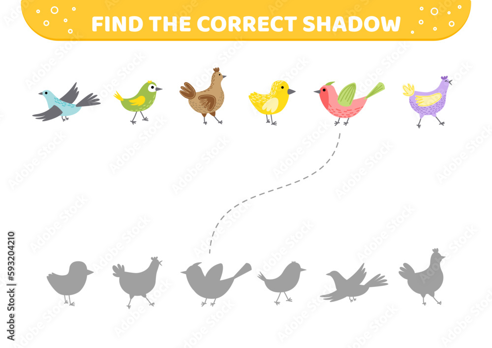 Bird, nestling, hen. Find the correct shadow. Shadow matching game ...