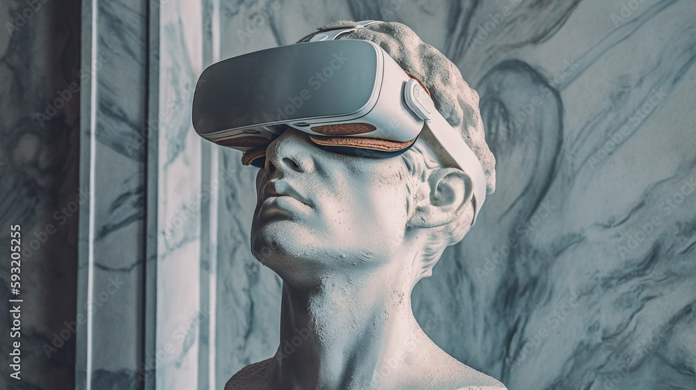 Statue of man wearing virtual reality goggles against background of ...