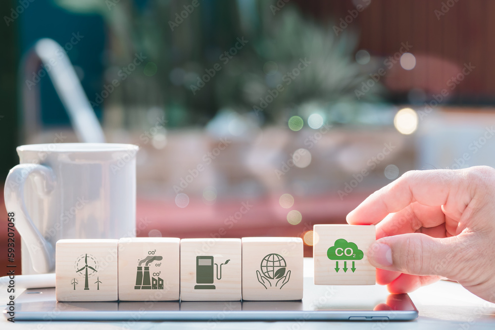 Carbon neutrality and net zero concepts. Hand-place wooden cubes ...