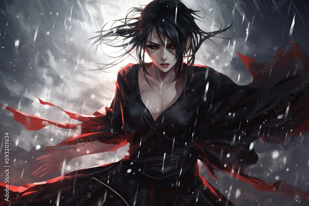 female vampire wailing in heavy rain. in the style of anime and manga ...