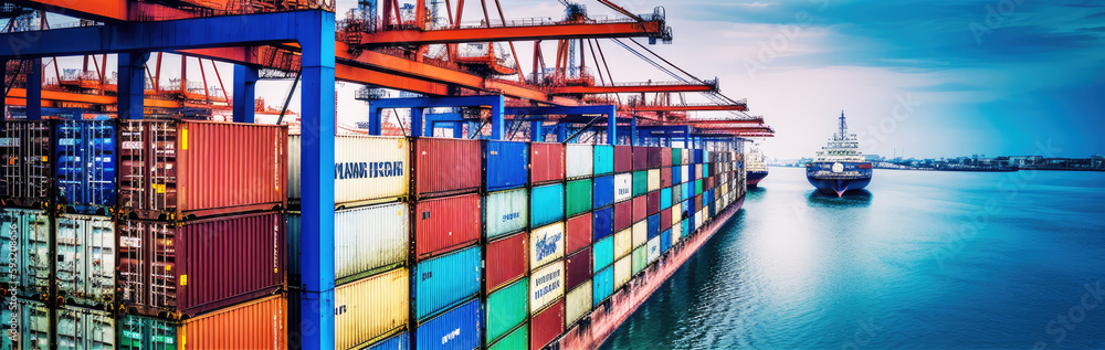 Container ship carrying container boxes import export dock with quay ...
