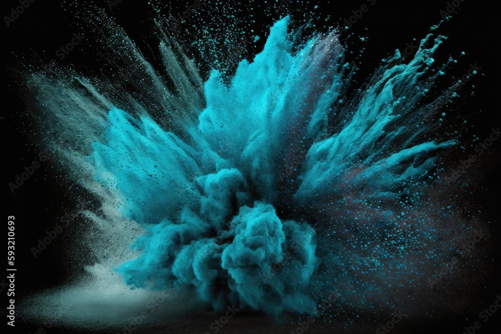 Abstract black backdrop with blue powder splatters, freeze motion of ...