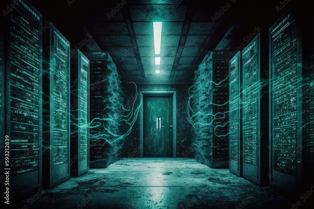 Binary coding is shown over the server room. Conceptual depiction of ...