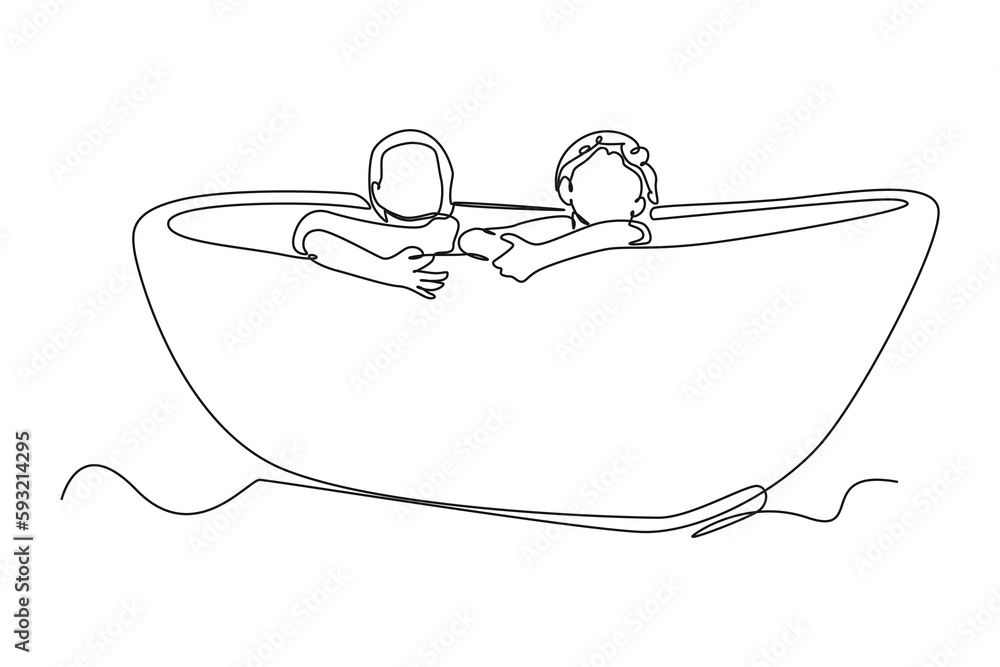 Vektorová grafika „Single one line drawing happy children soaking in ...