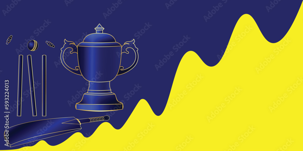 shiny golden trophy, bat, stumps and ball realistic line vector. indian ...