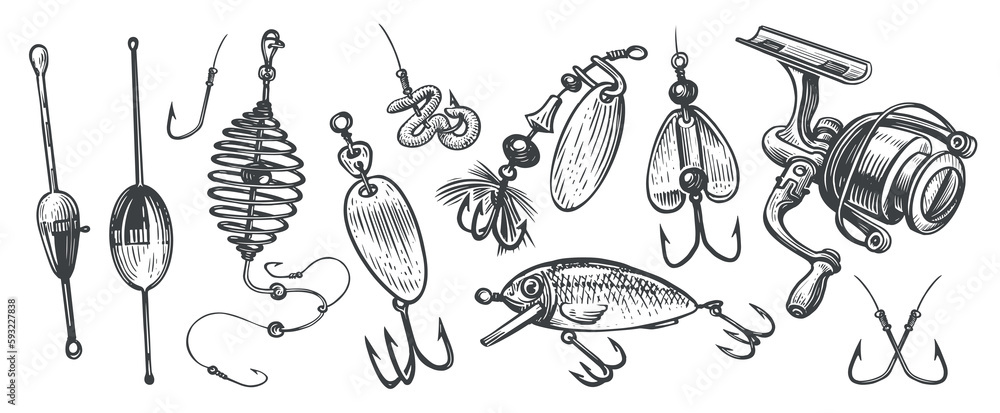 Fishing tackle set. Various items and accessories for sports fishing. Catch a fish, concept ...
