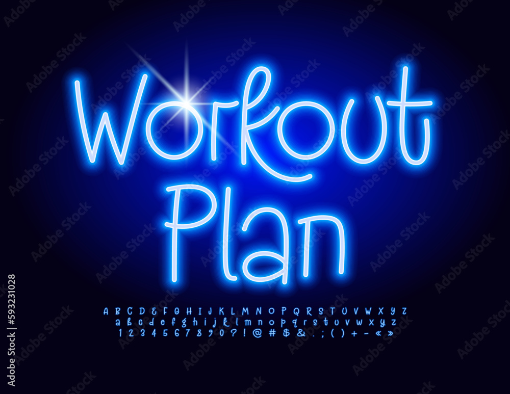Vector neon poster Workout Plan. Blue glowing Font. Handwritten ...