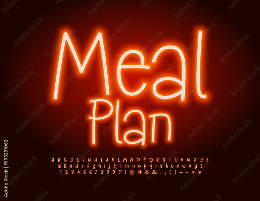 Vector glowing Emblem Meal Plan. Red neon Font. Creative Alphabet ...