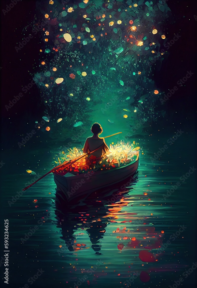 Generative AI illustration of a person in a boat is floating in the ...