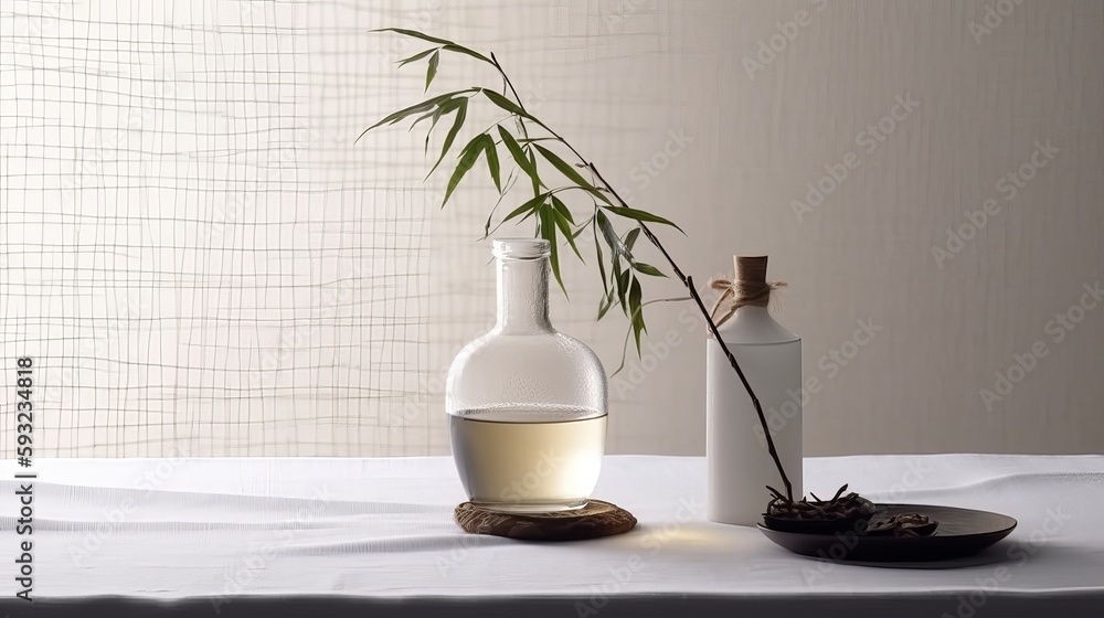 Japanese sake still life with a sprig of bamboo, light linen background ...