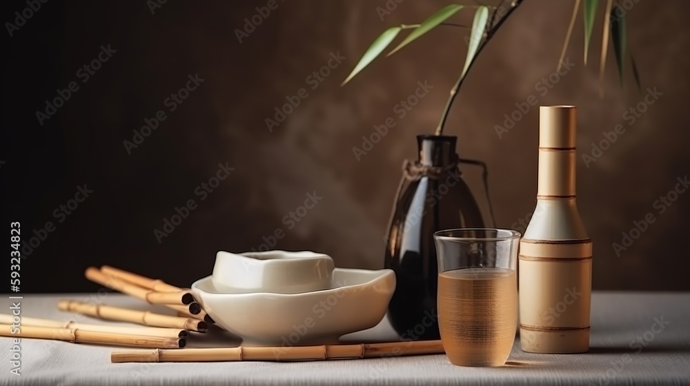 Japanese sake still life with a sprig of bamboo, light linen background ...