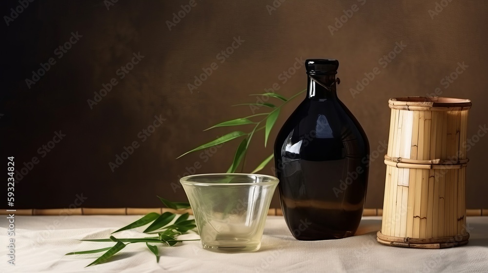 Japanese sake still life with a sprig of bamboo, light linen background ...