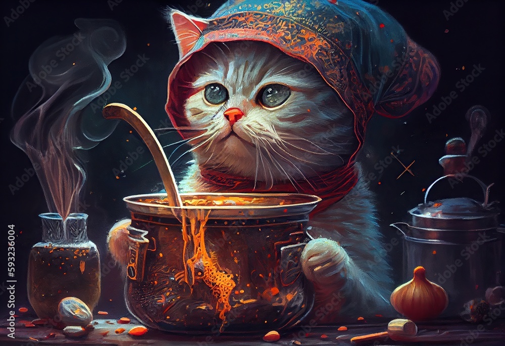 Generative AI illustration of cute cat with cooking hat cooking soup at ...
