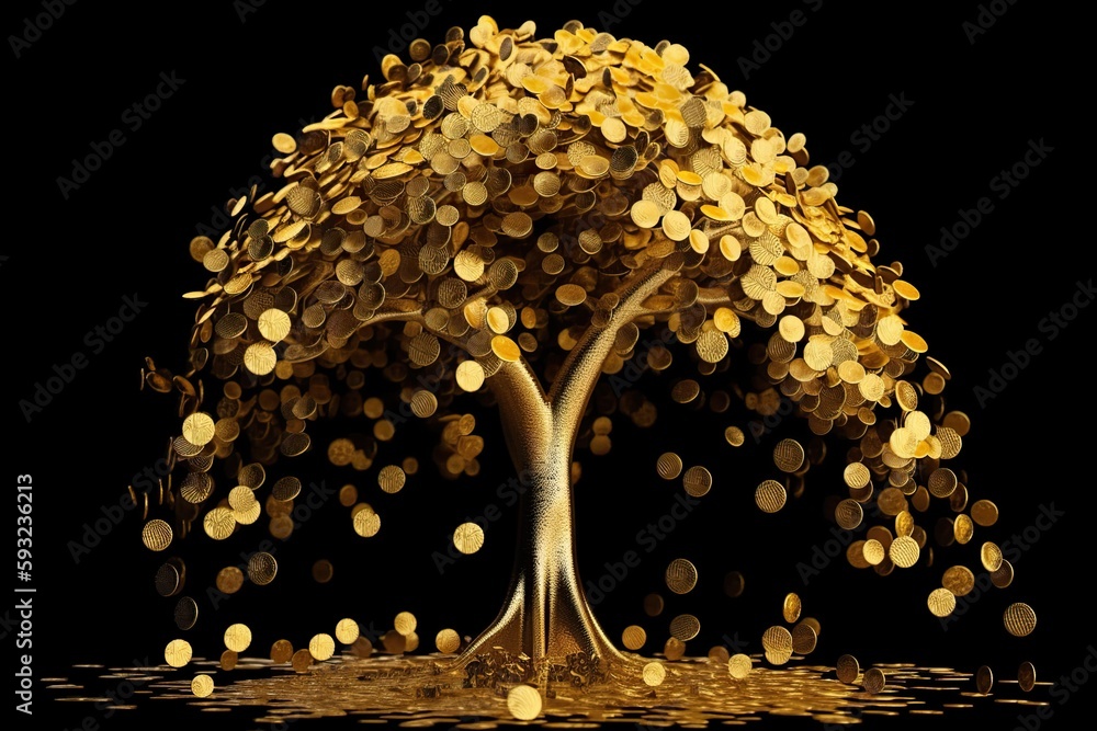 Generative AI illustration of golden gold coin tree has coins as leaves ...