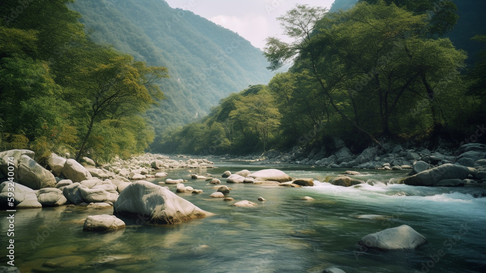 Stunning natural river landscape near mountain with lots of rocks ...