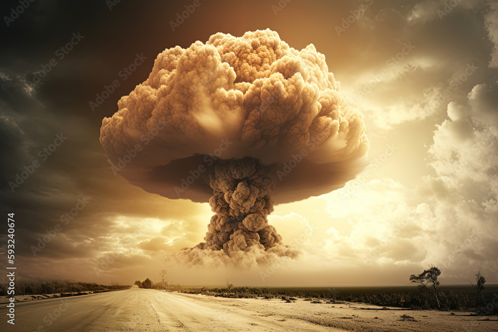 Nuclear explosion of an atom bomb with a mushroom cloud causing an ...