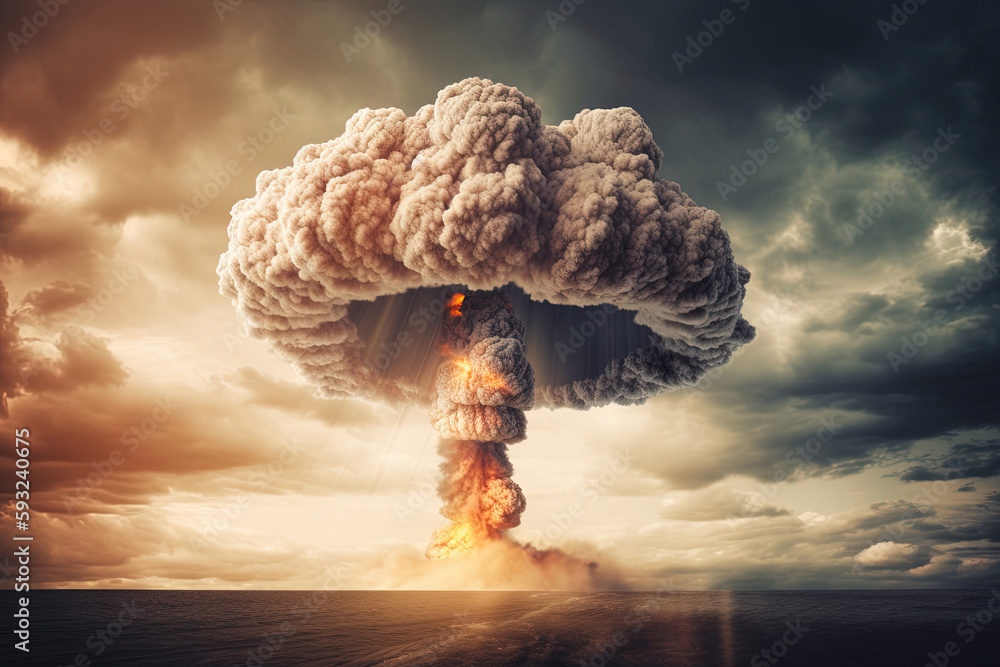 Nuclear explosion of an atom bomb with a mushroom cloud causing an apocalyptic Armageddon ...