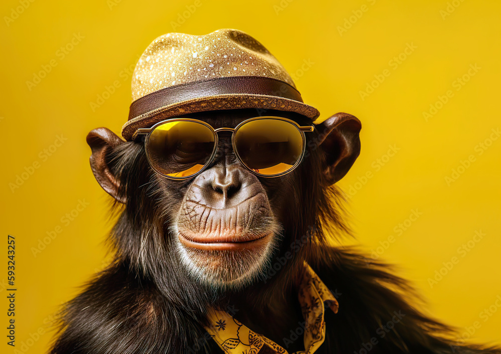 Cool monkey in sunglasses posing in front of a yellow background ...