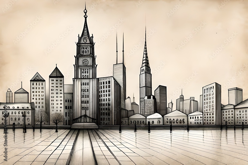Moderne Skyline einer Großstadt mit Bleistift gezeichnet Stock ...