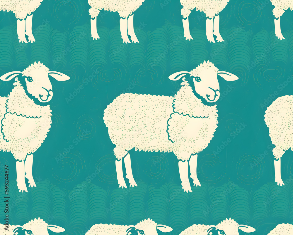 Seamless and repeating pattern, illustrated style, lamb, docile pose ...