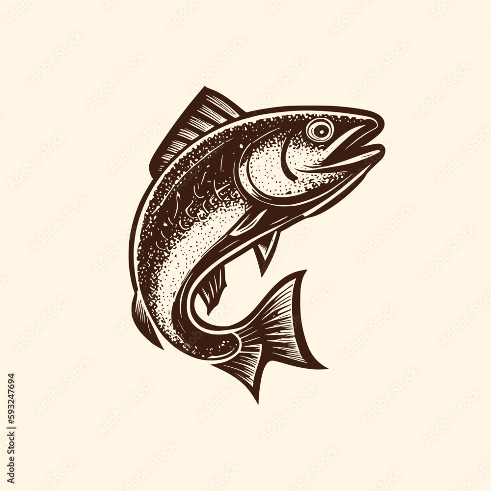 Vintage logo of a salmon. Black and white old-school logo of cod fish ...