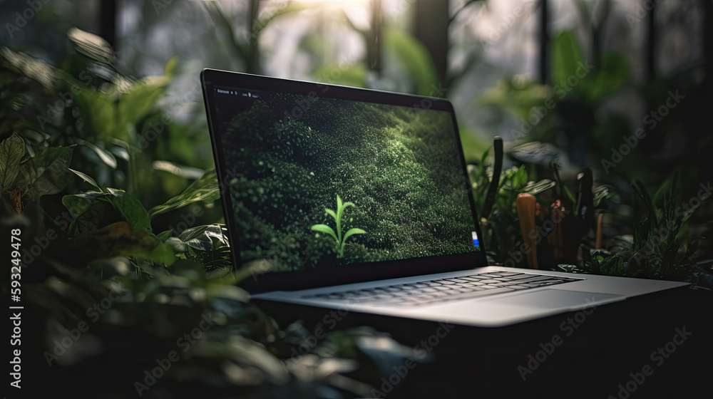 Working at home garden, laptop surrounded with green leafy potted ...
