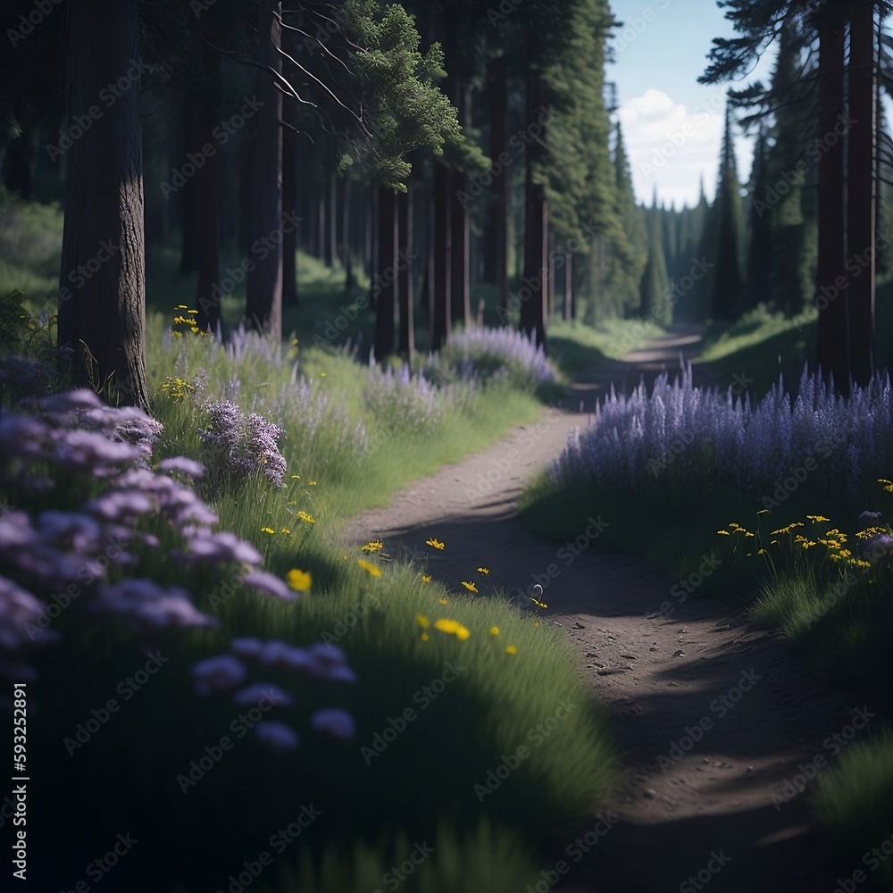 F Fighterone A hiking trail lined with wildflowers and surro... Prompt ...