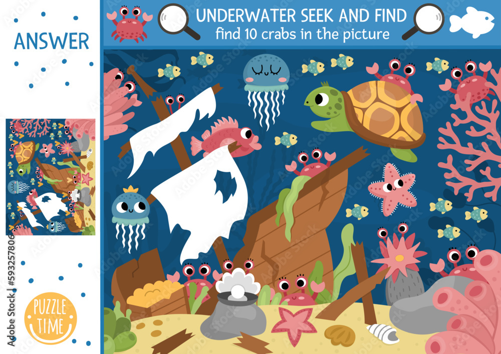 Vector under the sea searching game with sea landscape, wrecked ship ...