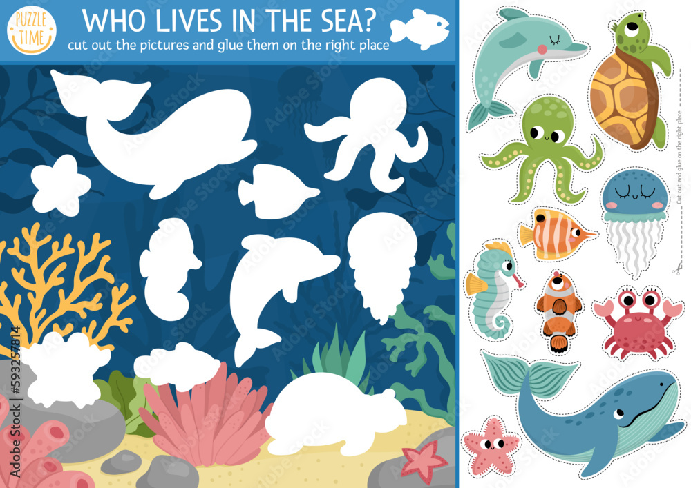 Vector under the sea cut and glue activity. Crafting game with cute ...