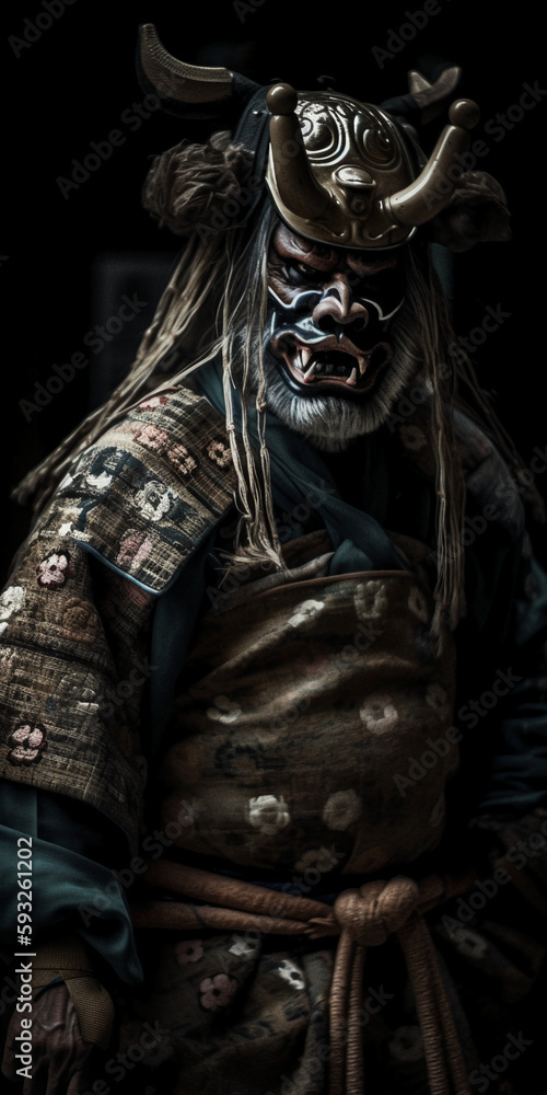 A powerful warrior stands tall, wearing traditional Japanese armor and ...