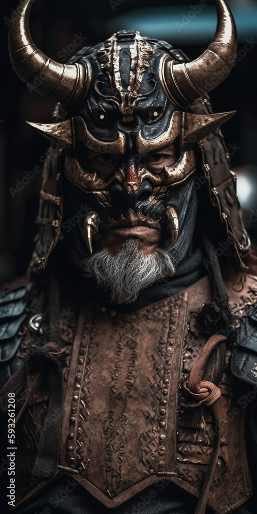 A powerful warrior stands tall, wearing traditional Japanese armor and ...
