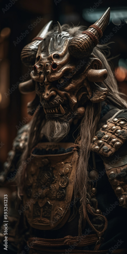 A powerful warrior stands tall, wearing traditional Japanese armor and ...