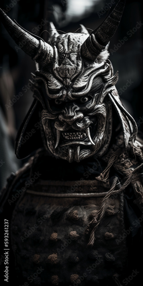 A powerful warrior stands tall, wearing traditional Japanese armor and ...