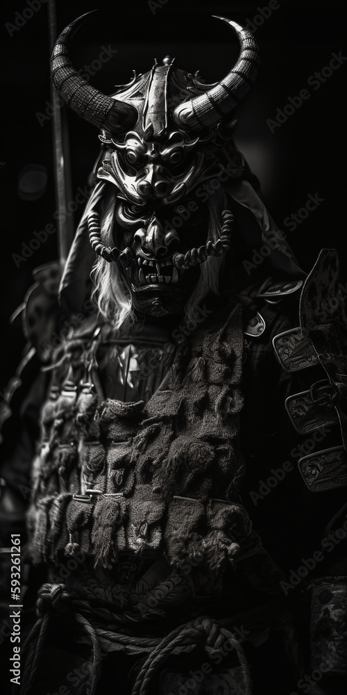 A powerful warrior stands tall, wearing traditional Japanese armor and ...