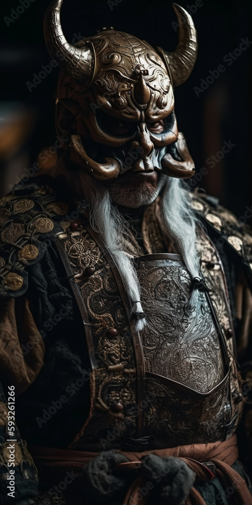 A powerful warrior stands tall, wearing traditional Japanese armor and ...