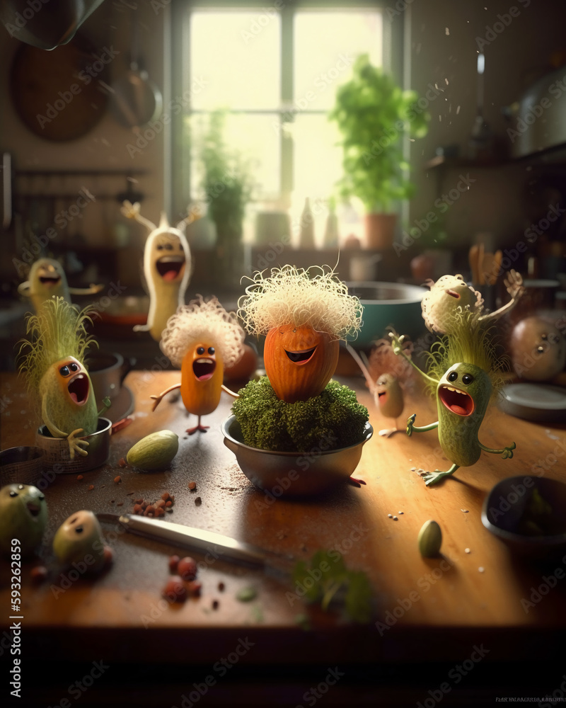 Salad rave party, happy cute little monsters dancing, Epic Tilt-shift ...