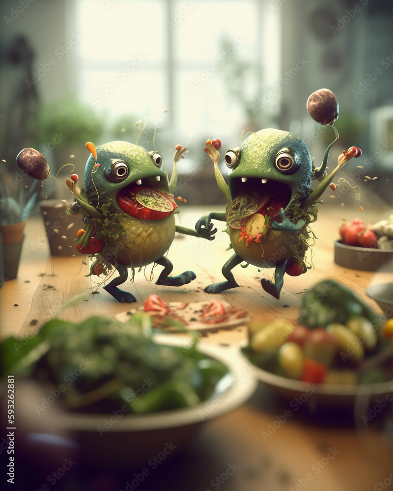 Salad rave party, happy cute little monsters dancing, Epic Tilt-shift ...