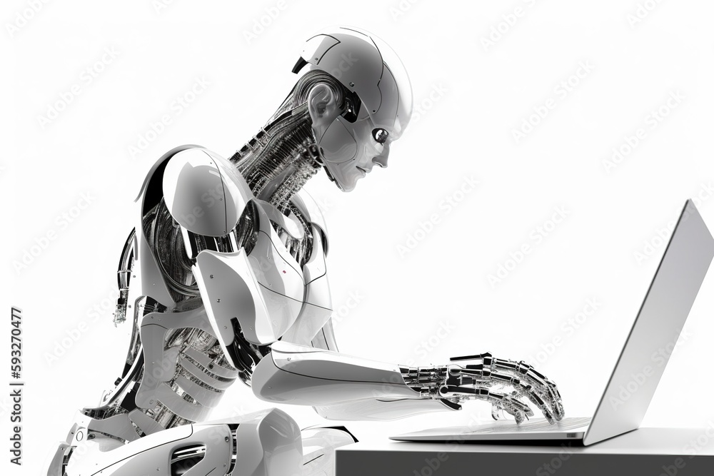 Artificial Intelligence Robot works on a white laptop. AI and ...