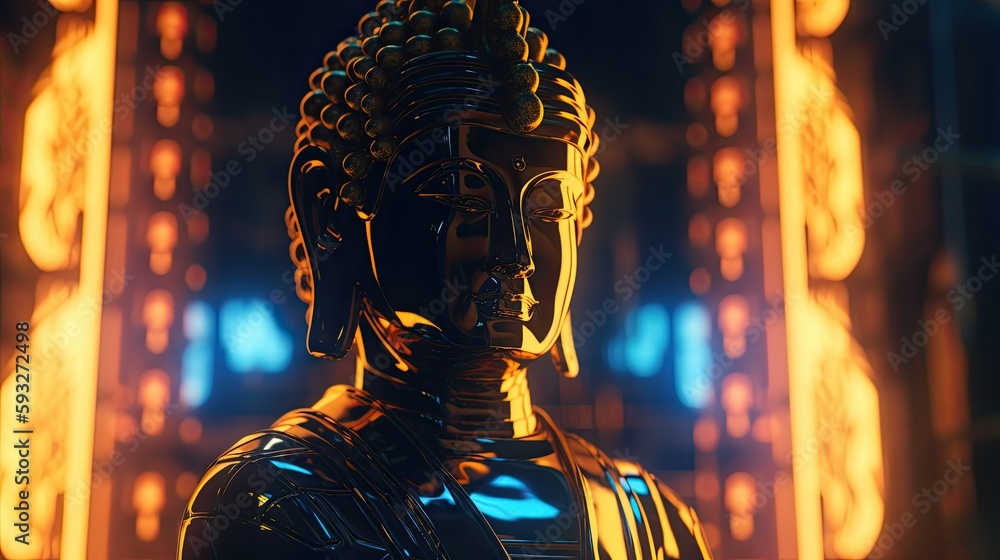 Neon-lit Fantasy: A Mysterious Praying Buddha in a Futuristic Robot ...