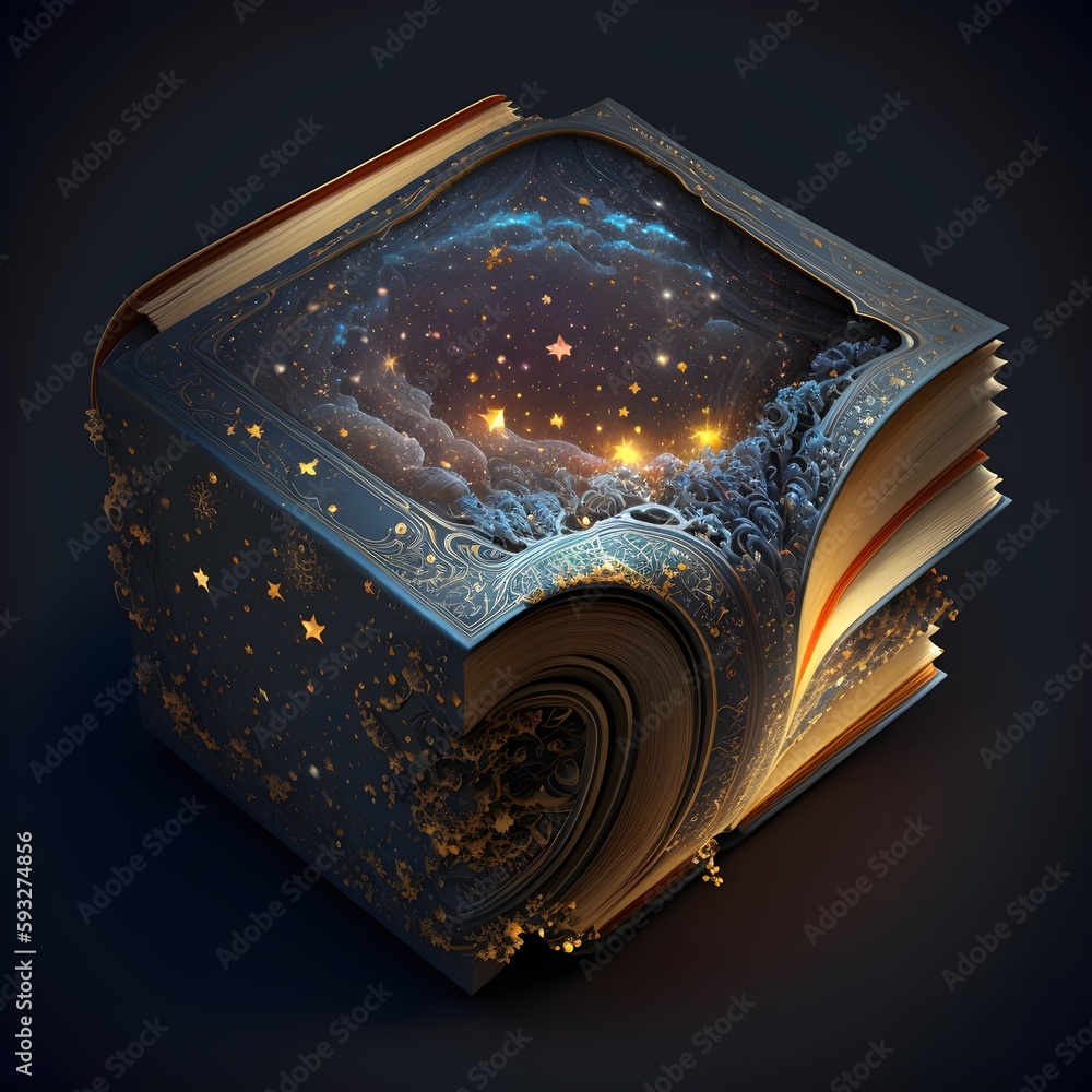 cosmic book with the history of the cosmos floating in space around ...