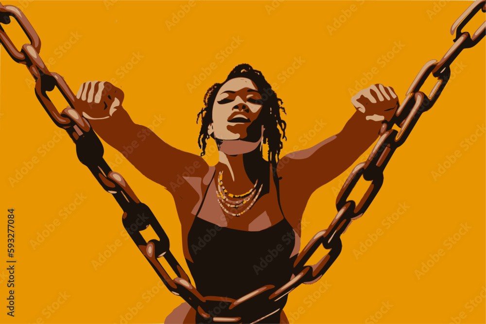 Black woman frees herself from chains. For Juneteenth Freedom Day ...