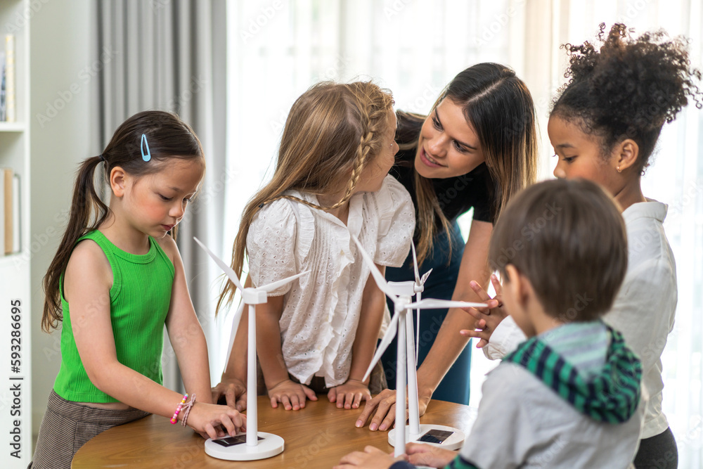 Portrait happy teacher help school children student having fun activity ...